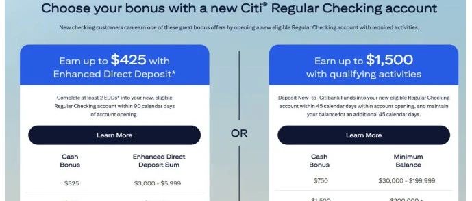 Citi Checking: $325/$425/$750/$1500 开户奖励任选- 大数跨境
