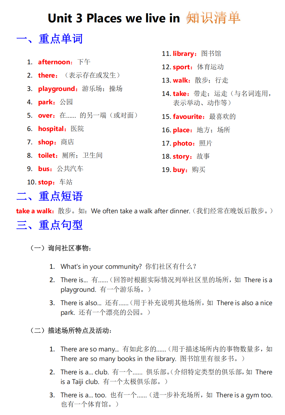新四年级英语上册 Unit 3 Places we live in 知识清单- 大数跨境